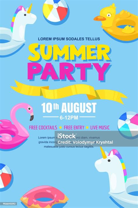 여름 수영장 파티 벡터 포스터 배너 레이아웃 유니콘 플라밍고 오리 공 물에 도넛 귀여운 수레 도넛에 대한 스톡 벡터 아트 및 기타 이미지 Istock