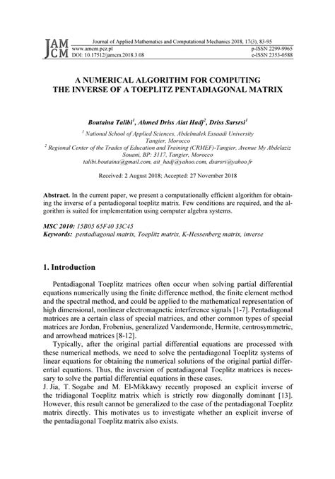 pdf a numerical algorithm for computing the inverse of a toeplitz