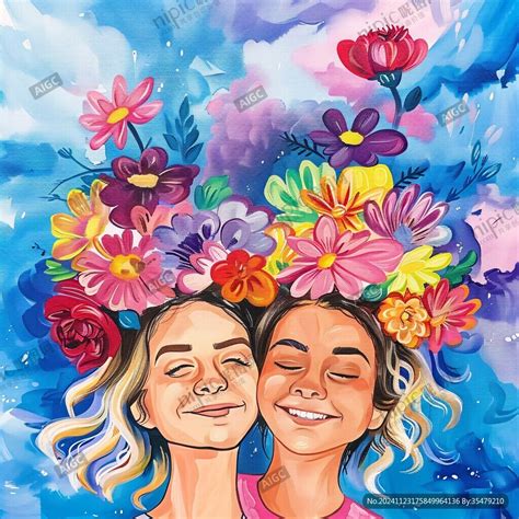 Ai创作图女孩捧花微笑插画 情窦初开插画 母女拥抱插画 母女插画 母亲节插画女人花 花季少女插画 卡通鲜花美女 鲜花女孩插画 少女与花插画 少女海报插画 亲女插画 闺蜜插画图案 花卉女孩头像