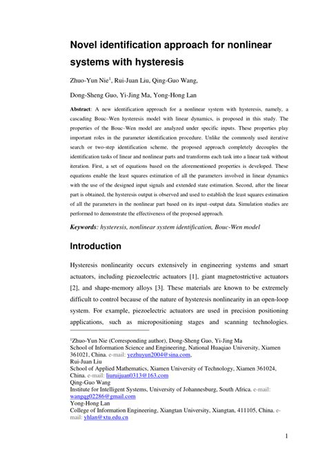 Pdf Novel Identification Approach For Nonlinear Systems With Hysteresis