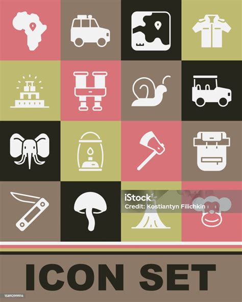 원숭이 하이킹 배낭 사파리 자동차 아프리카 사파리 지도 쌍안경 치첸이트사 마야 지도 및 달팽이 아이콘을 설정합니다 벡터 엔진 오일에 대한 스톡 벡터 아트 및 기타 이미지