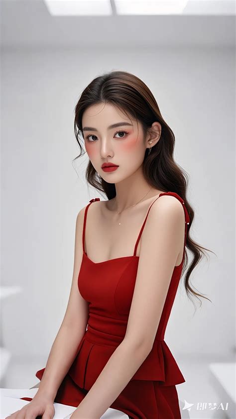 美丽的模特，女神，红衣女神，大眼睛，彩妆模特幼态风，高级感，面部细节完美，人物细节精致，正面全身肖像，高度细节，白色背景，摄影写真，医美模特 1 花瓣网