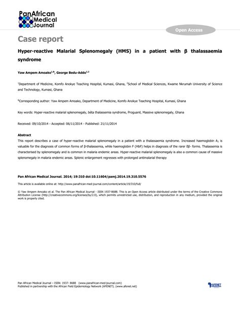 Pdf Hyper Reactive Malarial Splenomegaly Hms In A Patient With Béta