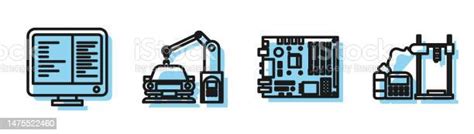 세트 라인 전자 컴퓨터 구성 요소 마더 보드 디지털 칩 컴퓨터 모니터 화면 산업 기계 로봇 로봇 팔 손 및 3d 프린터 아이콘