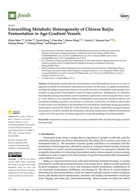 Pdf Unravelling Metabolic Heterogeneity Of Chinese Baijiu Fermentation In Age Gradient Vessels