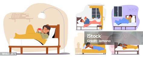 아이들 잠자리에 들기 전에 스마트폰에 몰두하는 창조한다 A 현대 야행성 장면 만화 사람들 벡터 일러스트 레이 션 침실에 대한 스톡 벡터 아트 및 기타 이미지 Istock