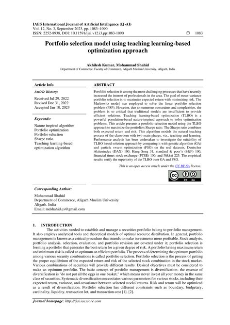 Pdf Portfolio Selection Model Using Teaching Learning Based