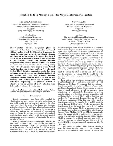 Pdf Stacked Hidden Markov Model For Motion Intention Recognition