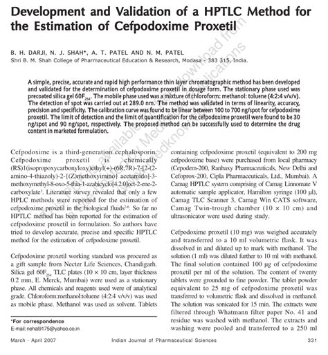 Pdf Development And Validation Of Hptlc Method For The Estimation Of Cefpodoxime Proxetil