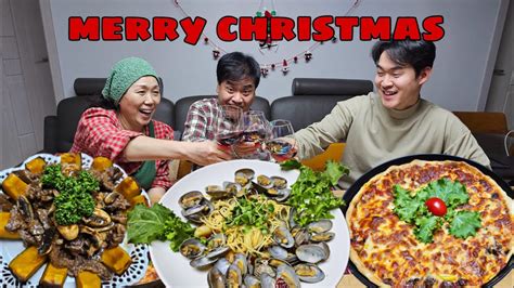 크리스마스 홈파티★ 양식 코스 집밥 한상 차려봤어요 봉골레파스타 피자 스테이크 감바스 샐러드 Christmas