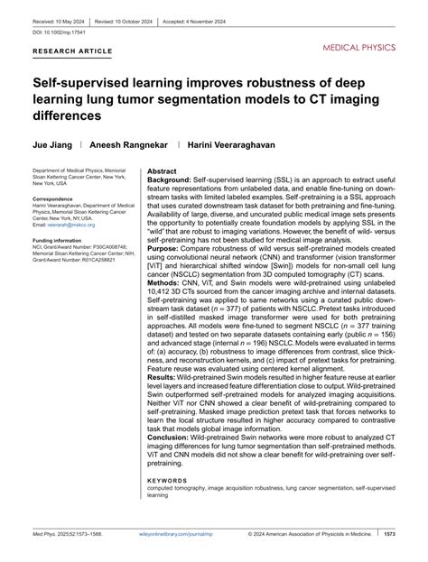 Self‐supervised Learning Improves Robustness Of Deep Learning Lung Tumor Segmentation Models To