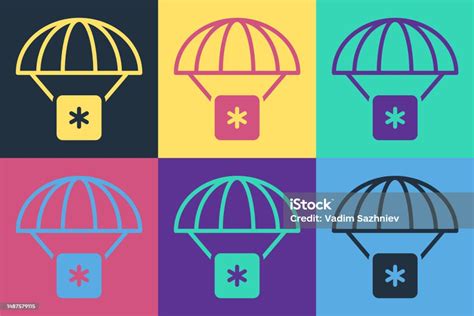 팝 아트 인도주의적 원조 아이콘은 컬러 배경에 분리되어 있다 의료화물은 낙하산으로 접근하기 어려운 곳으로 내려갑니다 벡터 개념에