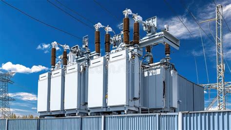 Electrical Power Transformers A Modern Substation Under A Blue Sky Stock Image Image Of Grid