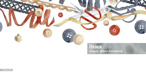 손으로 그린 수채화 그림 바느질 공예 용품 직물 가위 스냅 나무 단추 리본 레이스 레드 인디고 베이지 흰색에 격리 된 원활한