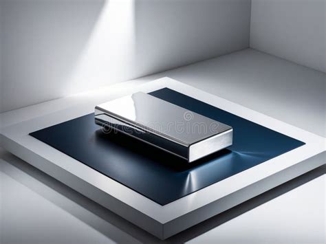 A Metallic Rectangular Object Rests On A Dark Blue Surface Stock Image Image Of Tabletop