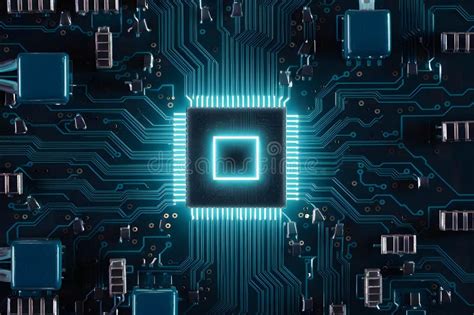 Circuit Board With Central Blue Glowing Chip Intricate Components Advanced Appearance Stock