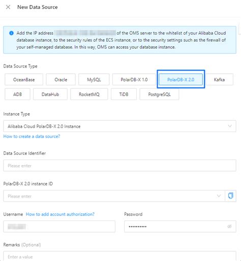 Create A Polardb X 20 Data Source By Using The Data Transmission Service Apsaradb For