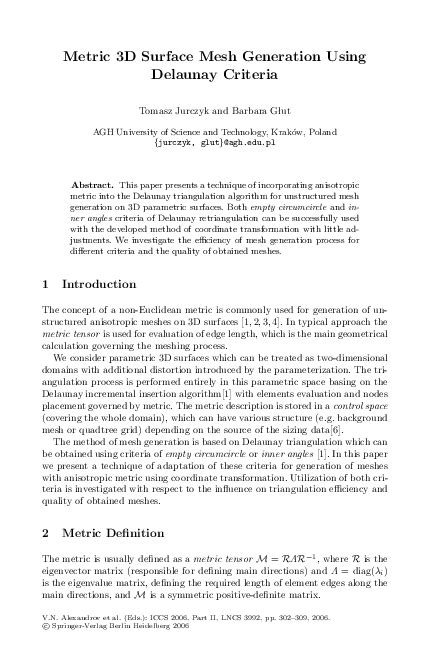 Pdf Metric 3d Surface Mesh Generation Using Delaunay Criteria