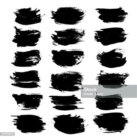 흰색 배경에 고립 된 질감된 스트로크 두꺼운 검은 페인트 세트 장기 노출에 대한 스톡 벡터 아트 및 기타 이미지 장기 노출 페인트 모양 Istock