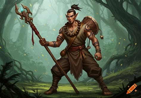 A Fierce Wood Elf Monk With Tribal Tattoos Stands In A Lush Forest