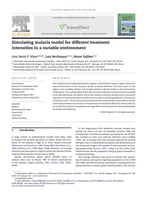 Pdf Seasonal Mathematical Model For Malaria