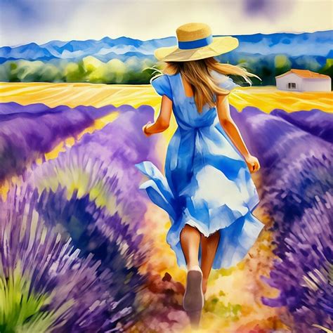 Иллюстрация Девушка бежит по лавандовому полю