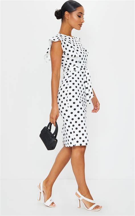 White Polka Dot Frill Detail Midi Dress Prettylittlething Aus