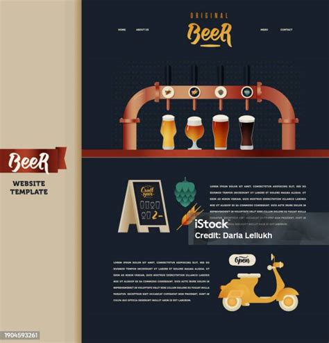 랜딩 페이지 디자인 템플릿 현대 평면 벡터 개념 그림입니다 맥주 탭 맥주 세트 포장 스탠드 홉과 밀 스쿠터 사인을 엽니다 맥주