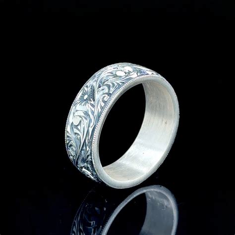 Hand Engraved Silver Wedding Band Unique Floral Wedding Band Men