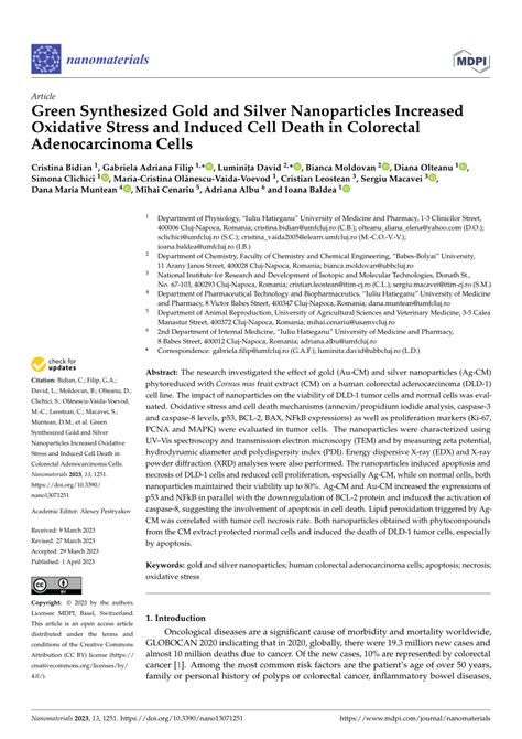Pdf Green Synthesized Gold And Silver Nanoparticles Increased Oxidative Stress And Induced