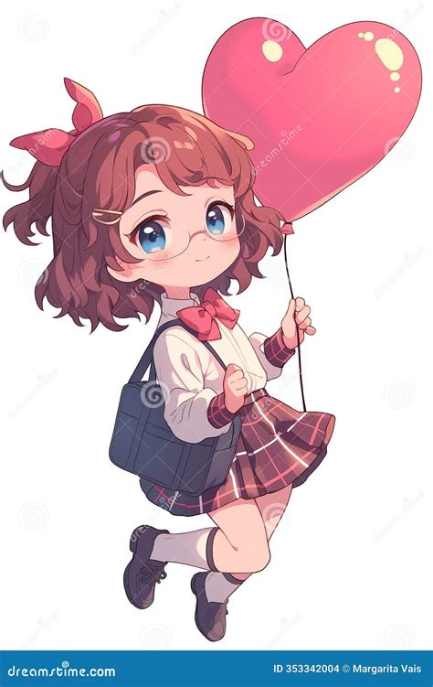 Cute Chibi Anime Schoolgirl In Glasses Smiling Holding Pink Heart Shaped Balloon On White