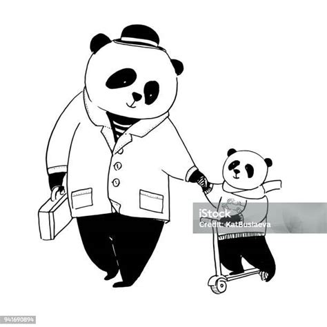 벡터 그림 색칠에 대 한입니다 자 켓까지 스쿠터에 구르는 누가 그의 작은 아들 팬더와 함께 산책을가 고 아버지 팬더 0명에 대한 스톡 벡터 아트 및 기타 이미지 Istock