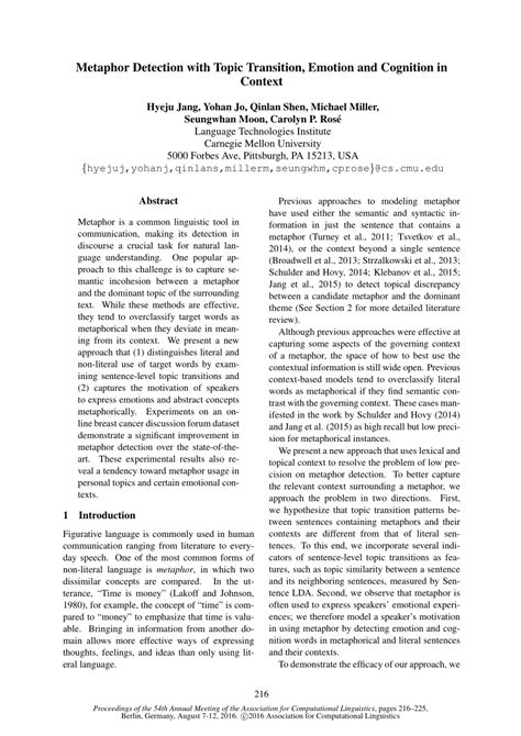 Pdf Metaphor Detection With Topic Transition Emotion And Cognition In Context