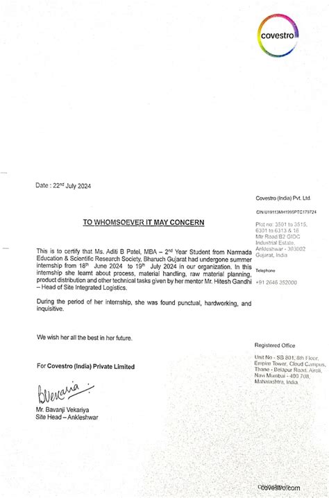 Aditi Patel On Linkedin Internship Covestro