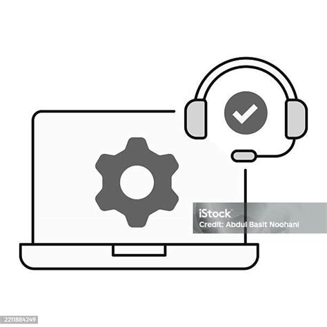 지원 설정이 있는 노트북 기술 구성 지원을 위한 기어 및 헤드셋이 있는 노트북 화면 It 지원에 대한 스톡 벡터 아트 및 기타 이미지 It 지원 노트북 배경 Istock