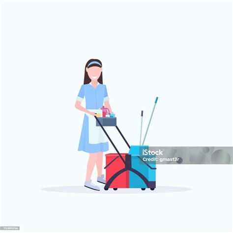여성 하 녀 들고 트롤리 카트 용품 여성 청소기 청소부 유니폼 청소 서비스 개념 평면 전체 길이 카트에 대한 스톡 벡터 아트 및