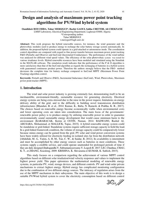 Pdf Design And Analysis Of Maximum Power Point Tracking Algorithms For Pvwind Hybrid System