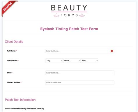 Eyelash Tinting Patch Test Form Online Form Templates PDFs