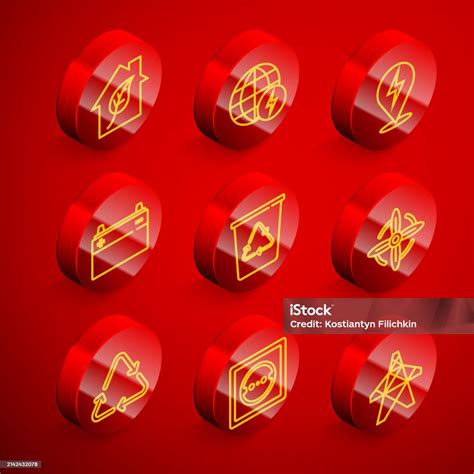 환경 친화적 인 집 글로벌 에너지 파워 행성 번개 볼트 자동차 배터리 재활용 휴지통 풍력 터빈 기호 및 전기 콘센트 아이콘을 설정합니다 벡터 3차원 형태에 대한 스톡 벡터