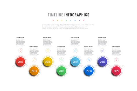 흰색 배경에 둥근 요소 연도 표시기 및 텍스트 상자가 있는 수평 타임라인 인포그래픽입니다 사실적인 3d 용지 컷 디자인 현대 벡터 회사 프리젠 테이션 슬라이드 템플릿 0명에