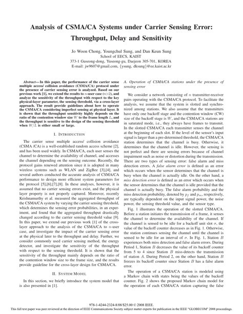 Pdf Analysis Of Csmaca Systems Under Carrier Sensing Error Throughput Delay And Sensitivity