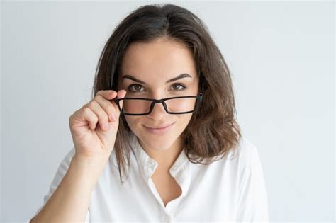 Free Photo Joyful Smiling Girl Removing Glasses Young Caucasian