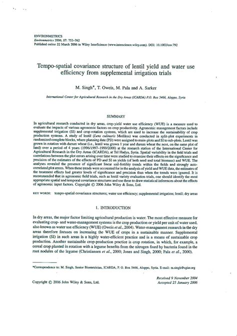 Pdf Tempo‐spatial Covariance Structure Of Lentil Yield And Water Use
