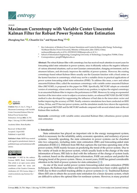Pdf Maximum Correntropy With Variable Center Unscented Kalman Filter For Robust Power System