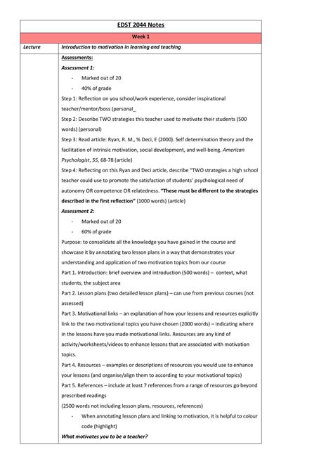 Edst 2044 Lecture Notes Edst2044 Motivation In Learning And Teaching Unsw Thinkswap