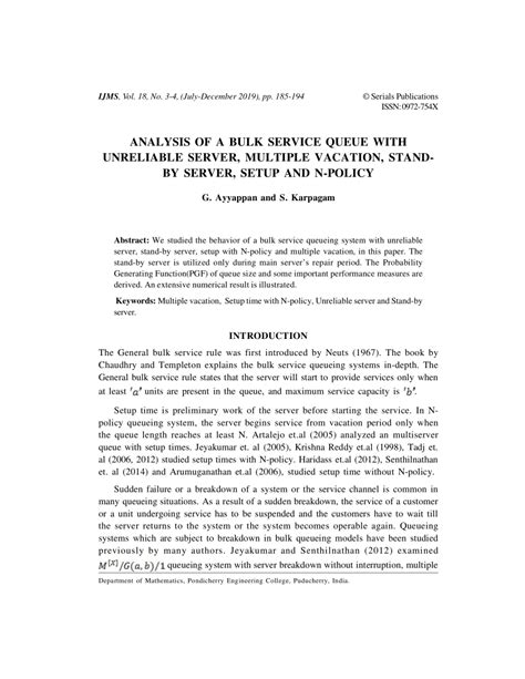 Pdf Analysis Of A Bulk Service Queue With Unreliable Server Multiple Vacation Overloading