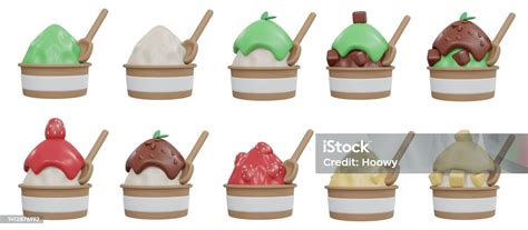3d 아이스크림 부드러운 얼음의 컵에 가서 흰색에 고립 된 많은 맛의 세트의 렌더링 3d 렌더링 만화 스타일 0명에 대한 스톡 사진 및 기타 이미지 Istock
