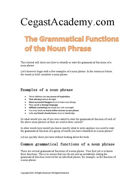 Grammatical Functions Of A Noun Phrase Pdf Verb Phrase