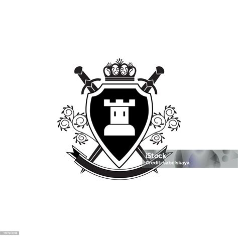 로얄 쉴드 엠블럼 또는 타워 칼 벡터 일러스트 레이션 격리 검에 대한 스톡 벡터 아트 및 기타 이미지 검 검은색 고풍스런