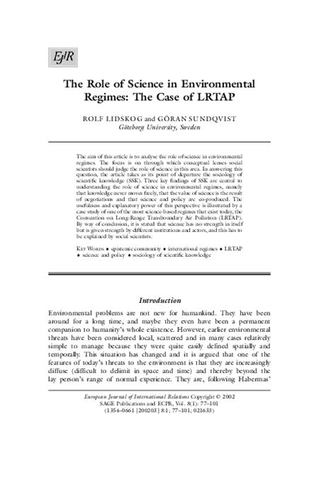 Pdf The Role Of Science In Environmental Regimes The Case Of Lrtap